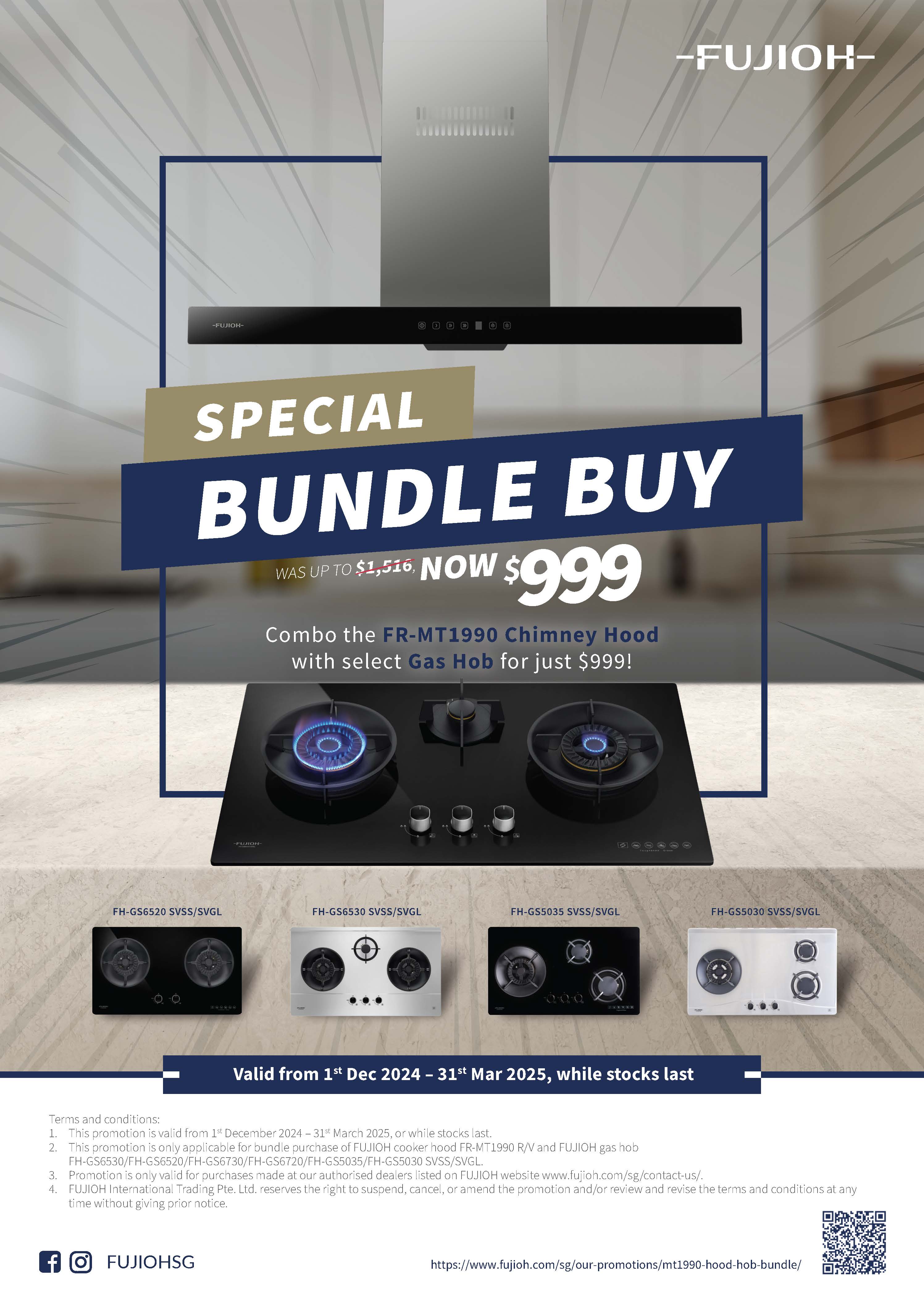 FUJIOH Chimney Hood & Gas Hob $999 Bundle Buy | Singapore